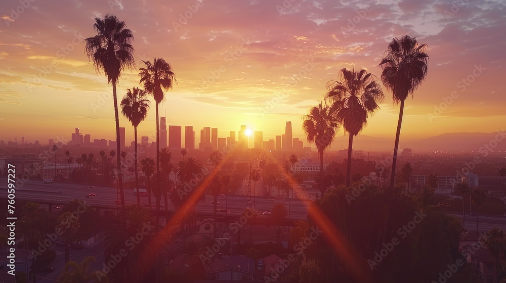 Los Angeles Skyline at Sunset: Palm Trees, Skyscrapers, and Downtown ...