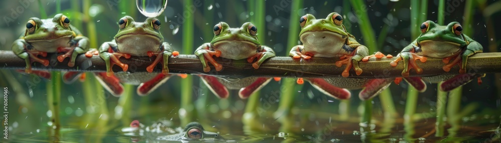 group whimsical frogs hanging upside down on a reed twigbranch above a ...