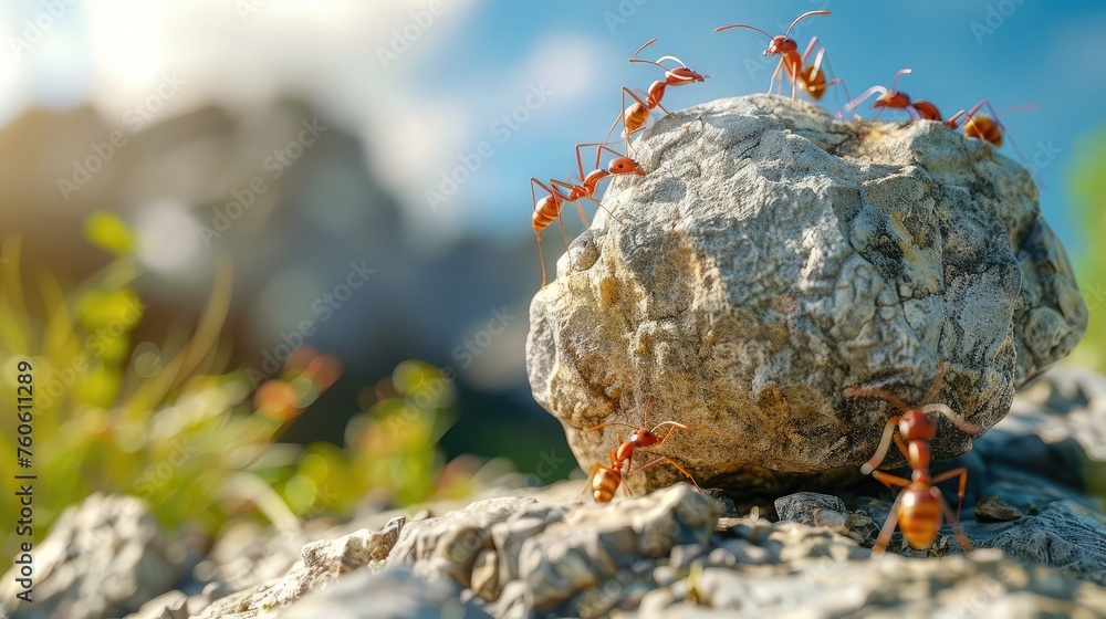 Ants are pushing heavy boulder up on hill. Teamwork concept Stock Photo ...