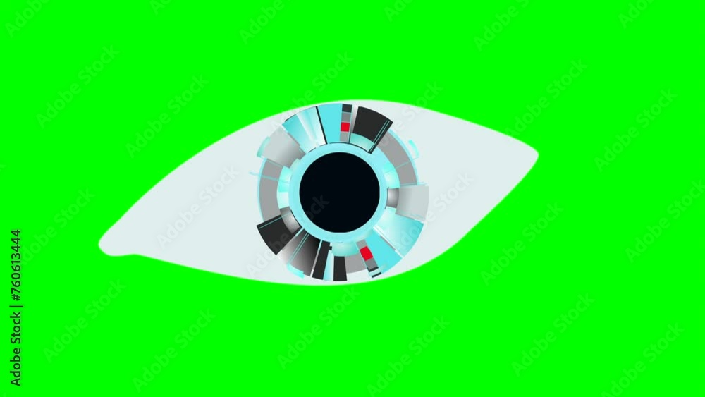 Drawn blinking eye of a human robot close-up on a green chromakey ...