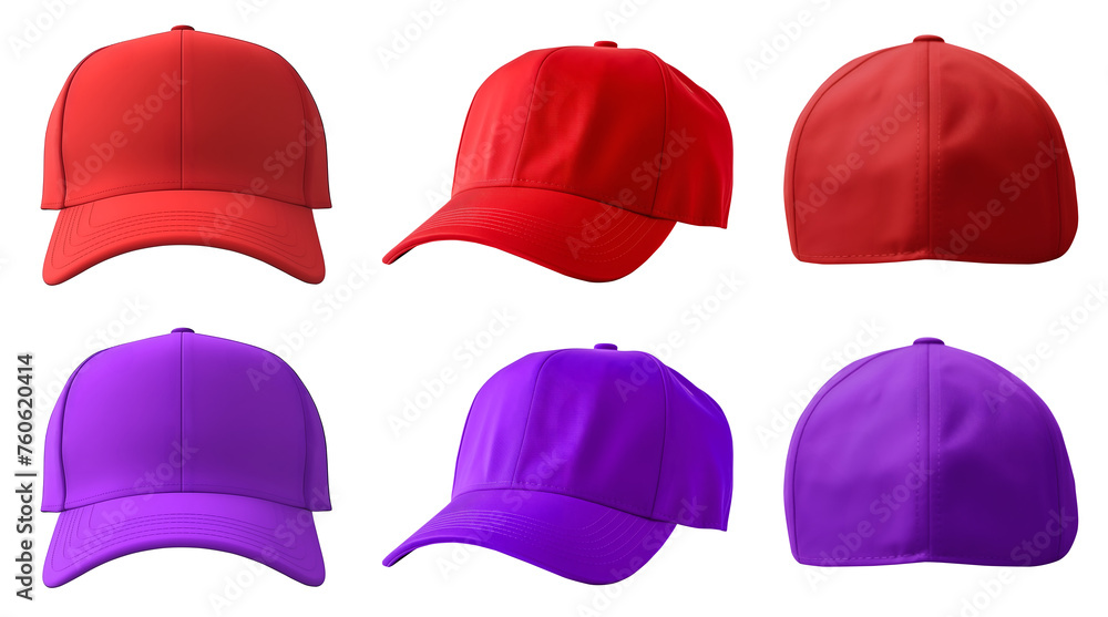 2 Set of red purple magenta, front, back side view hat baseball cap on ...