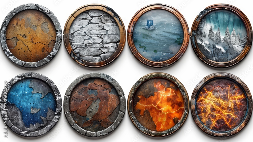 Modern illustration of round UI game frames, textured circles made of ...