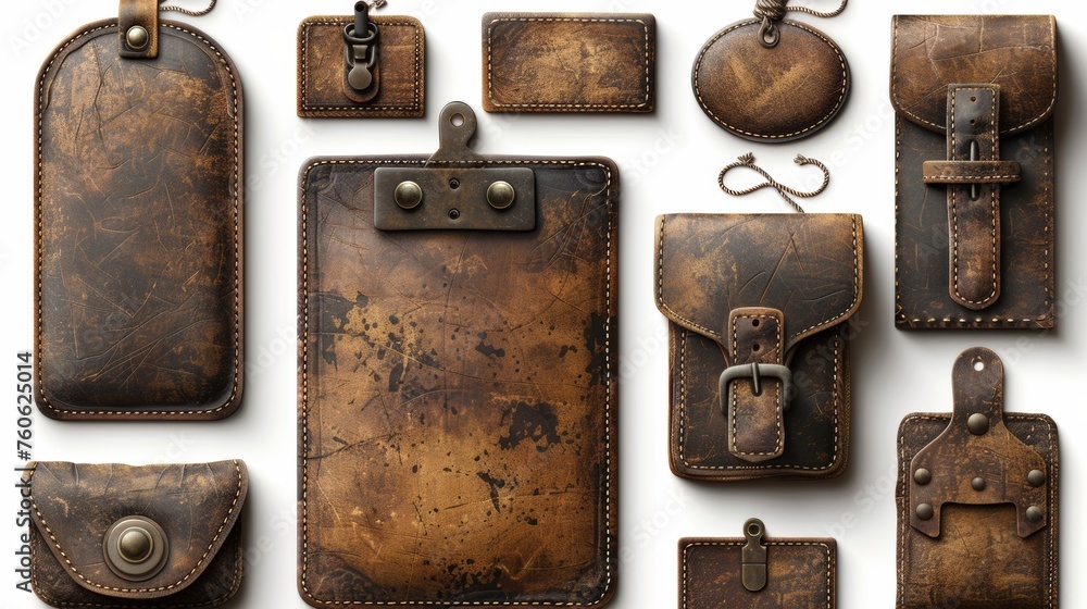 Authentic realistic leather patch set in brown color. Label tag with ...