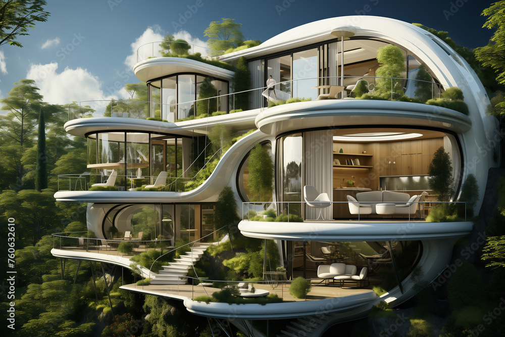 Futuristic eco-building. Futuristic architecture, fresh air, plants ...