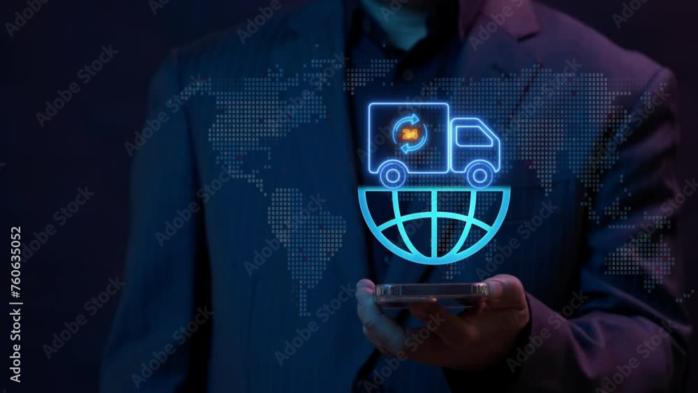 Businessman using smartphone to show animation of truck car with world ...
