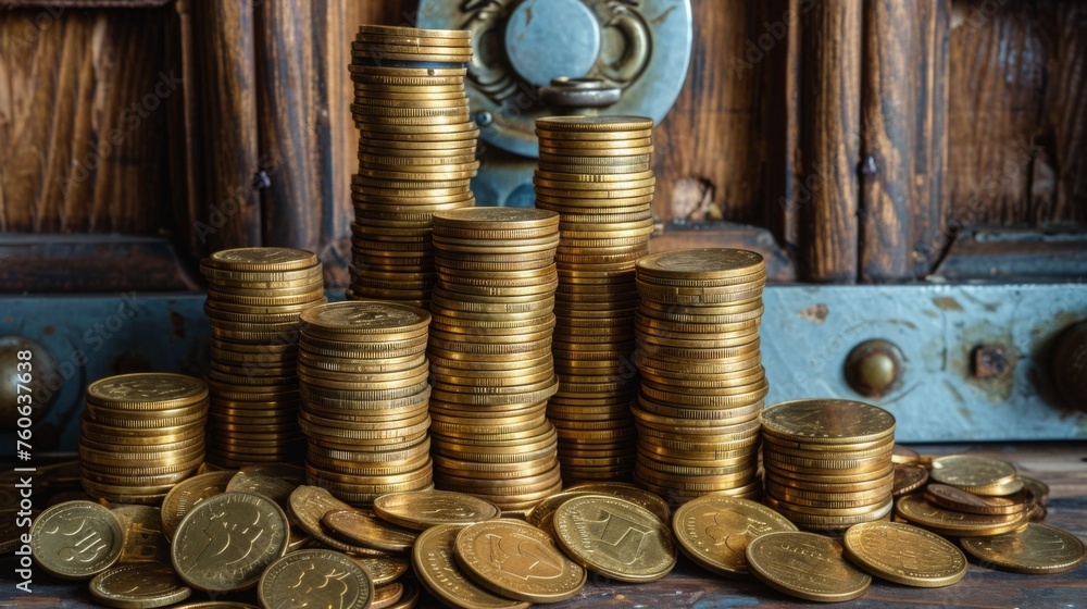 Stacks of golden coins overflow from a vintage vault casting a warm ...