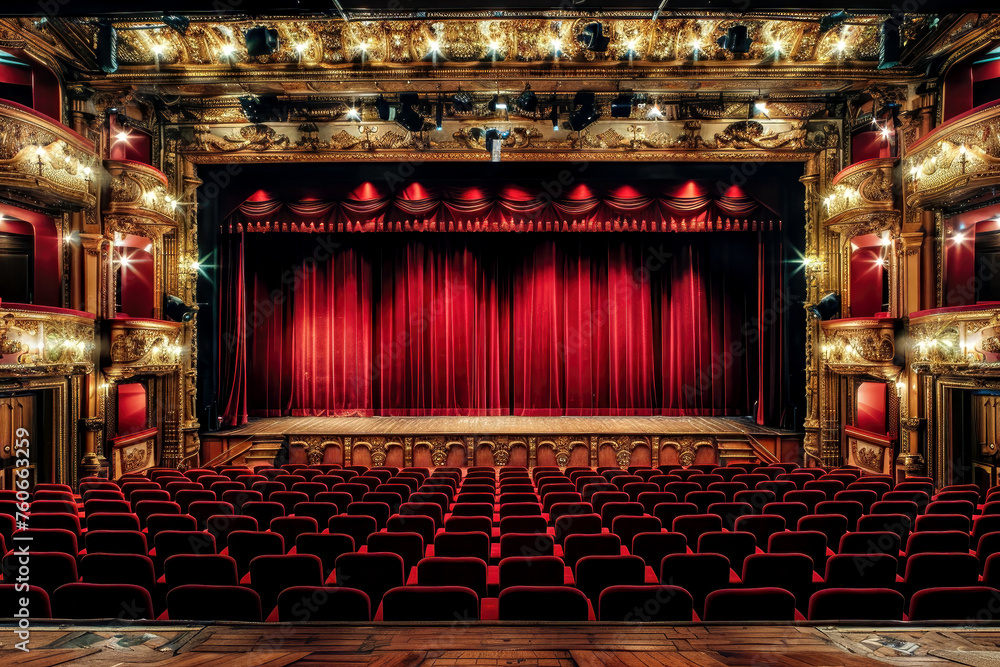 Old school stage with red curtains, spotlights and balconies, rows of ...