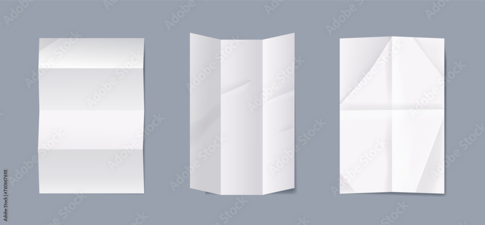White Paper Sheet Mockups With Realistic Fold Marks, 3d Vector Vertical ...