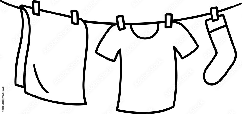 Poster Clothes hanging to dry on washing line, simple cartoon drawing ...