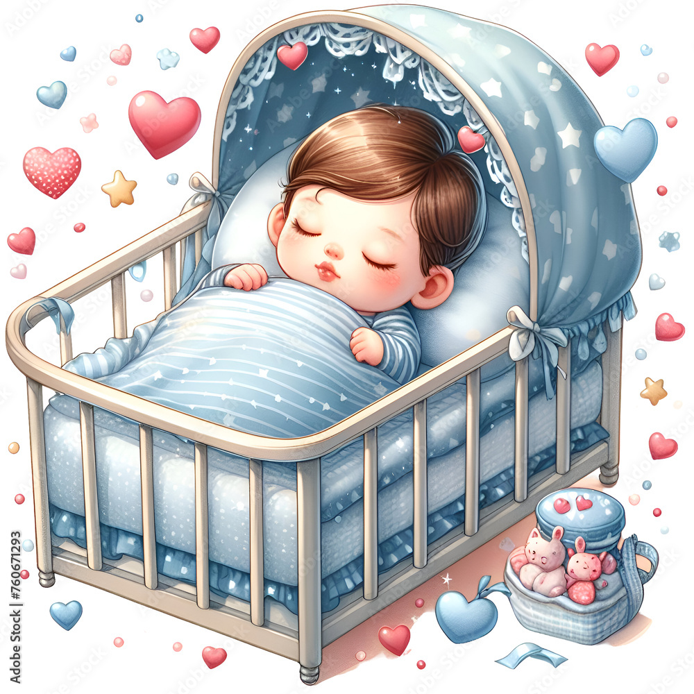 Cute Sleeping Baby in Cradle Clipart Watercolor Sleep Baby Shower First ...