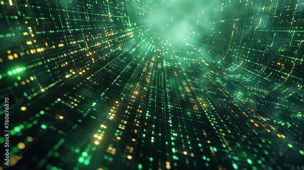 Dynamic green data stream lines racing through a virtual reality tunnel ...
