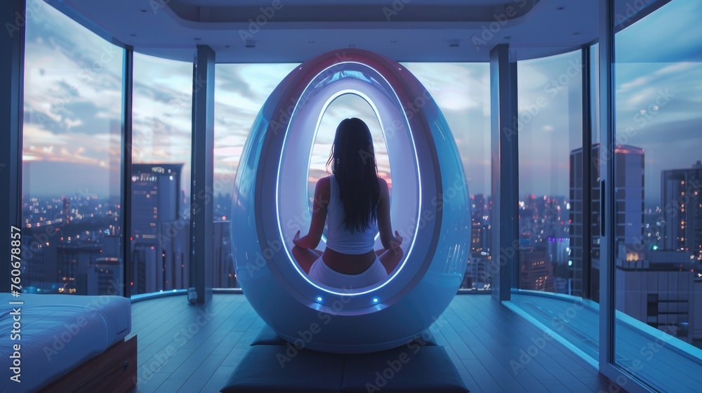 A high-tech meditation pod in a futuristic apartment, using augmented ...