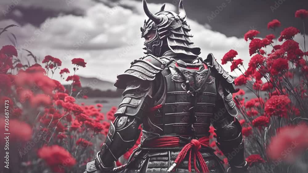 Samurai warrior in a field, wearing a dragon armor. Roses around ...