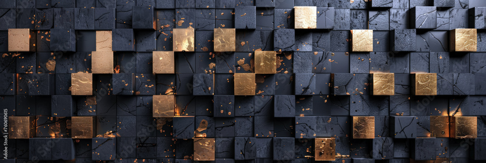 Abstract 3D background with black gold mosaic texture. Smalt. Mosaic ...