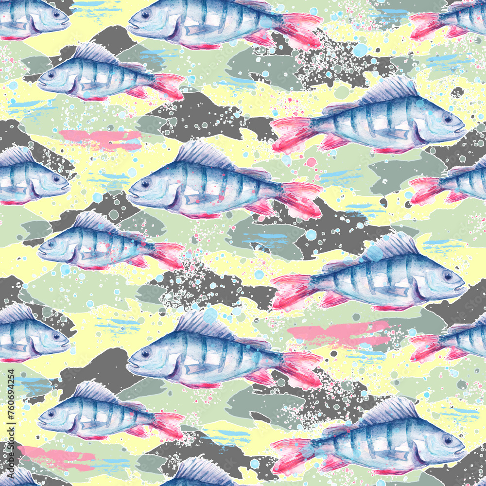 Seamless vintage watercolor pattern. Watercolor drawing fish perch ...