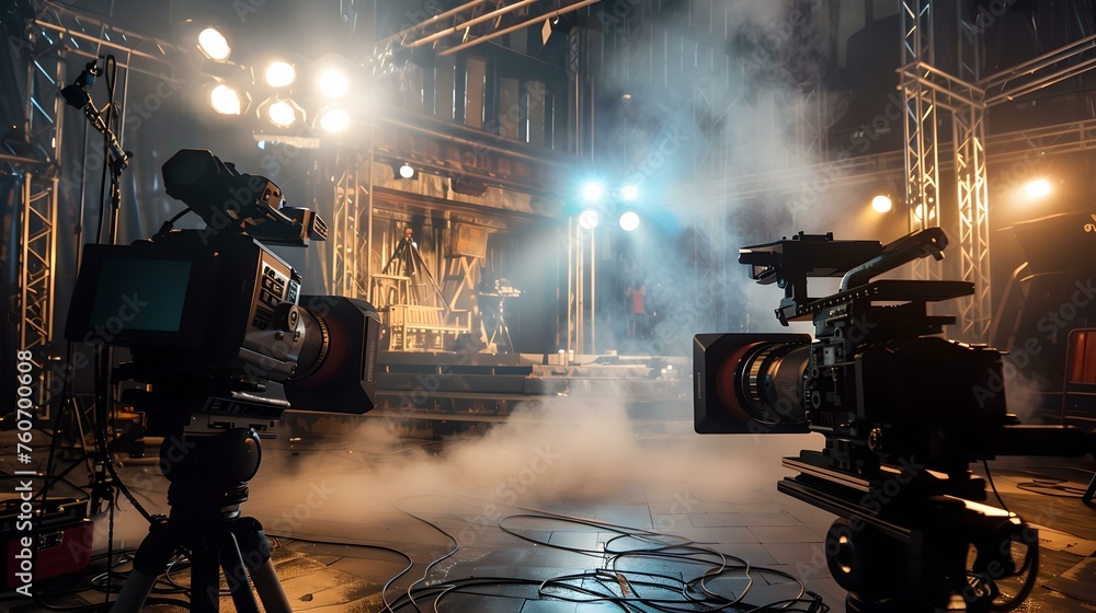 Professional film cameras on set awaiting the action scene. capturing ...