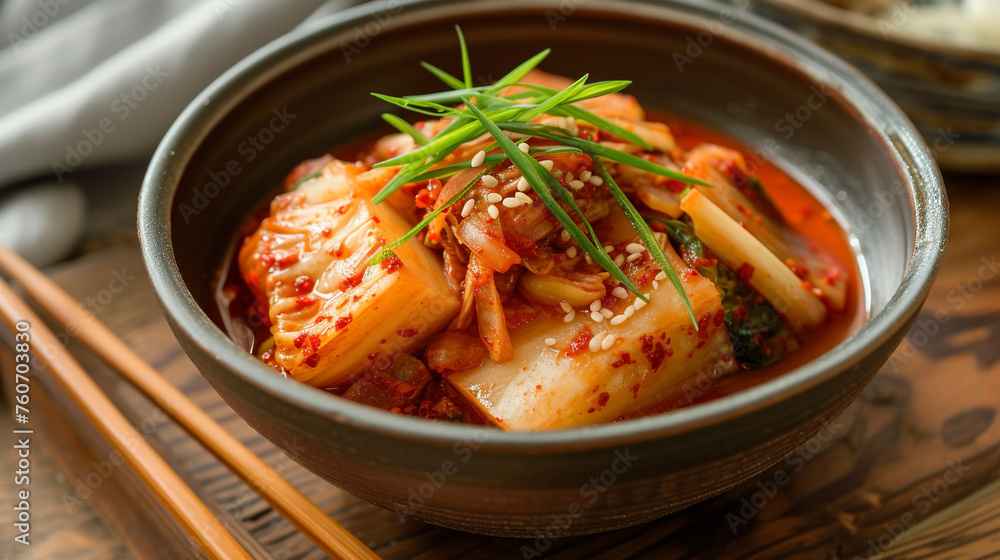 A bowl of kimchi with fermented cabbage, radish, and scallions ...