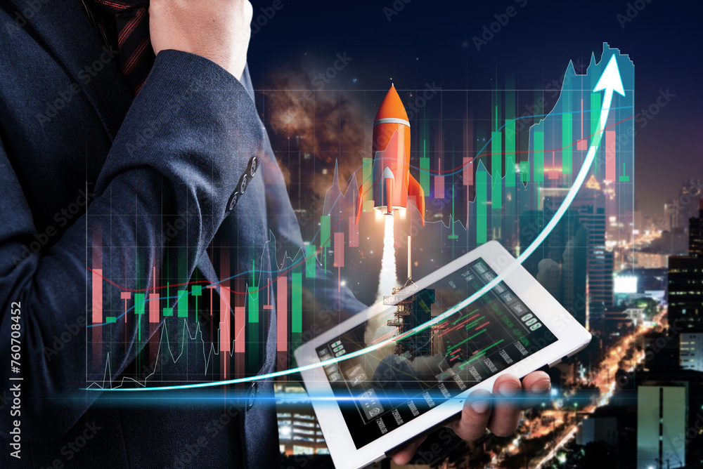 Businessman with stock trade chart grow up display with space rocket ...