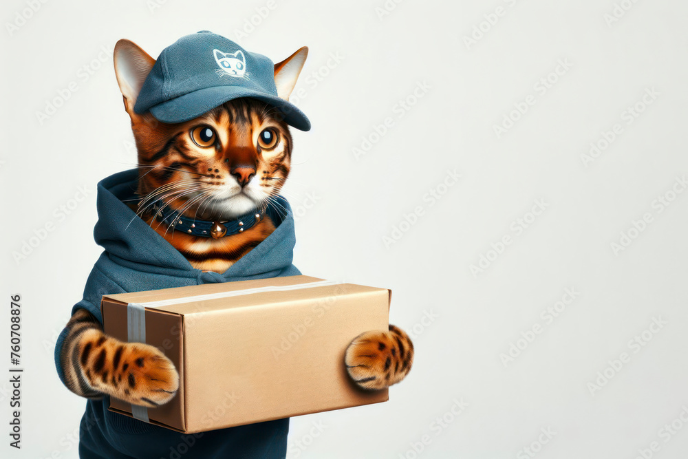 bengal cat in a cap delivers a parcel, a box on a white background. ai ...