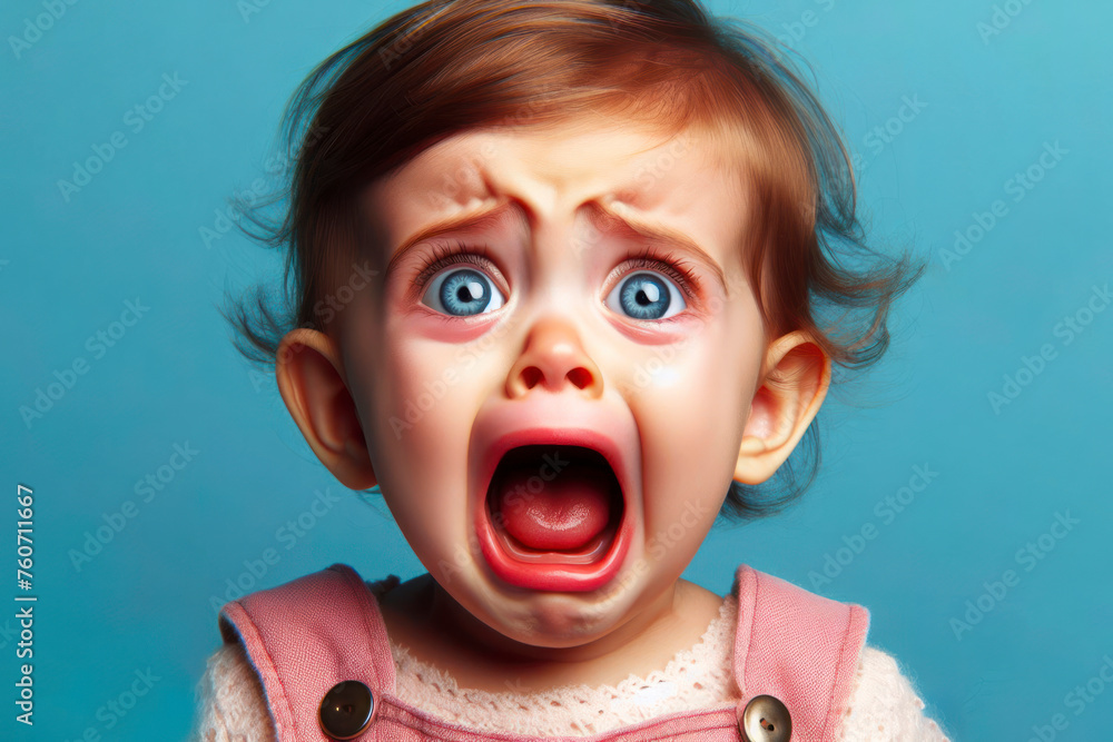 Shocked cute little baby girl child crying and screaming with big ...