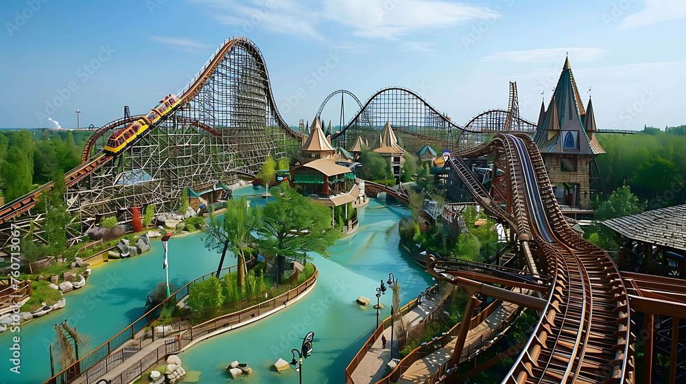 An amusement park with a roller coaster, a water ride, and a castle ...