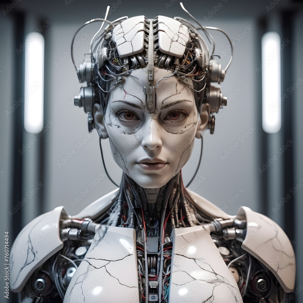 electronic system on head humanoid |cyborg woman| with a visible ...