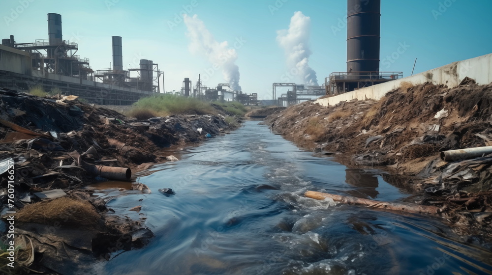 Sewage from the sewer pollutes a lake. Waste from the pipe winds into ...