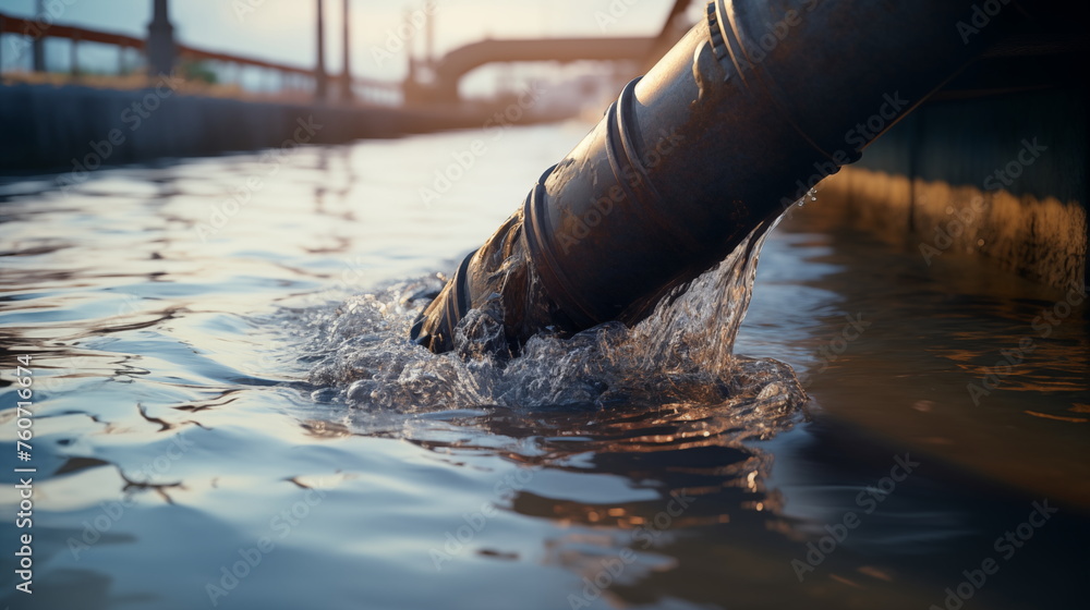 Sewage from the sewer pollutes a lake. Waste from the pipe winds into ...