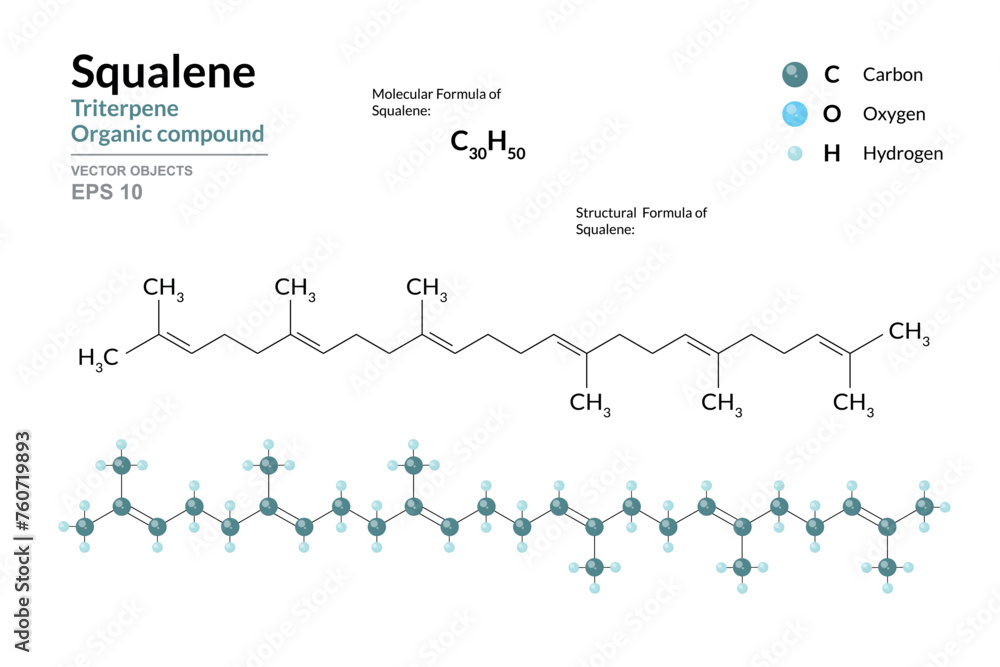Squalene. Structural Chemical Formula and 3d Model of Molecule. C30H50 ...