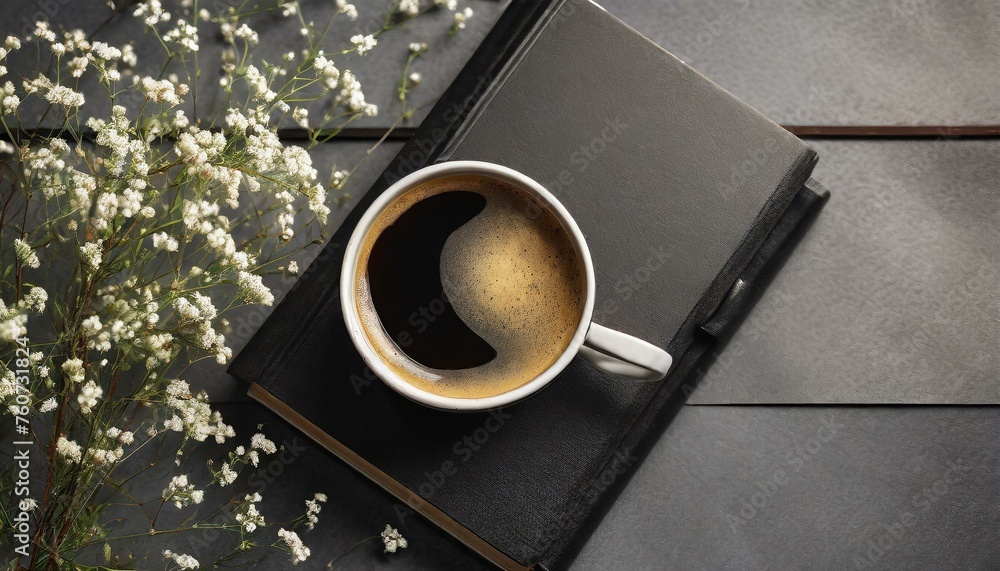 CAFÉ PRETO: MESA DE MADEIRA COM CAFÉ FRESCO, UMA AGENDA DE TRABALHO E ...