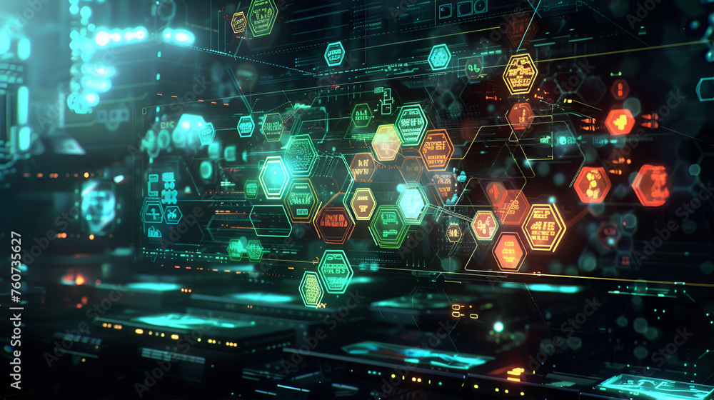 futuristic integrated science of data in hexagonal shape on big screen ...