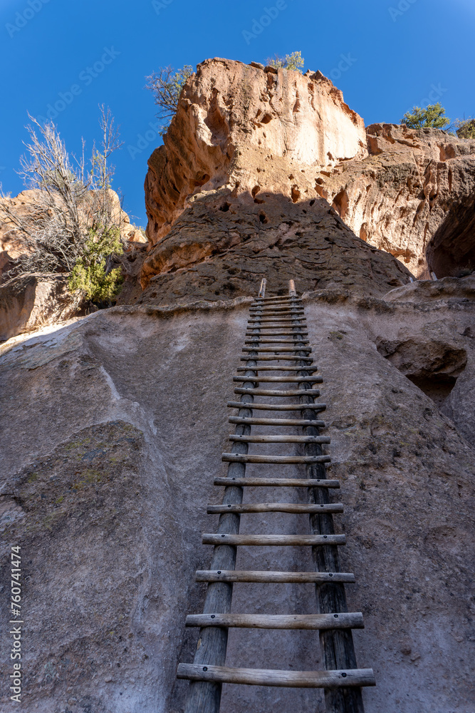 Wood ladder to Alcove House in Bandelier National Monument. Ancestral ...