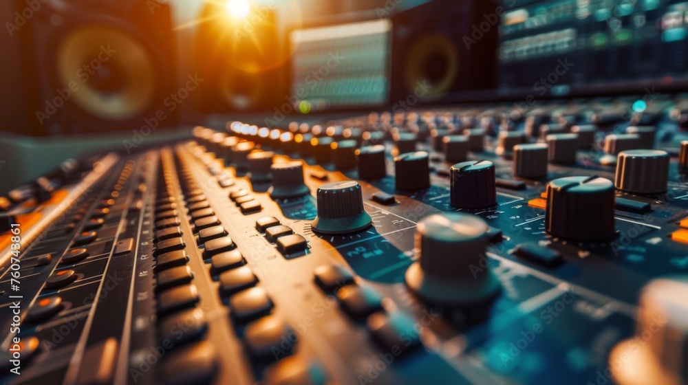 Audio mixing console. Contemporary control desk in a music recording ...