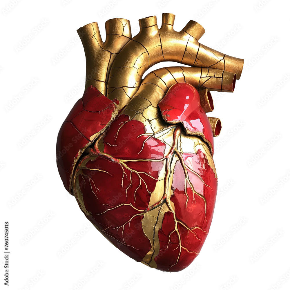 Red stone heart, restored with gold by kintsugi Japanese technique. The ...