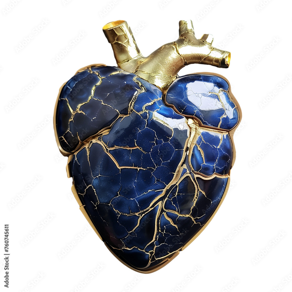 Anatomical humal heart, stone heart, restored with gold by kintsugi ...