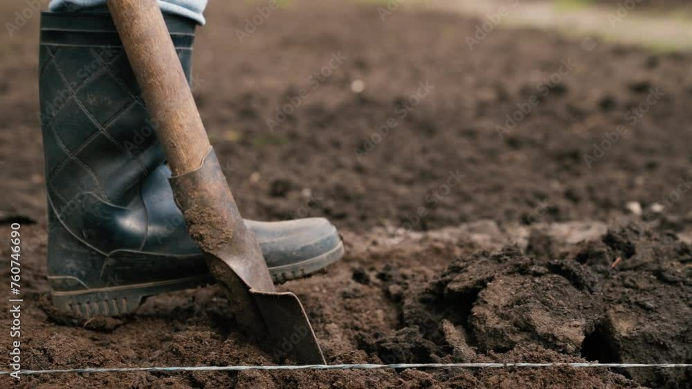 Vídeo do Stock: agriculture, farmer dripping soil foot rubber boots ...