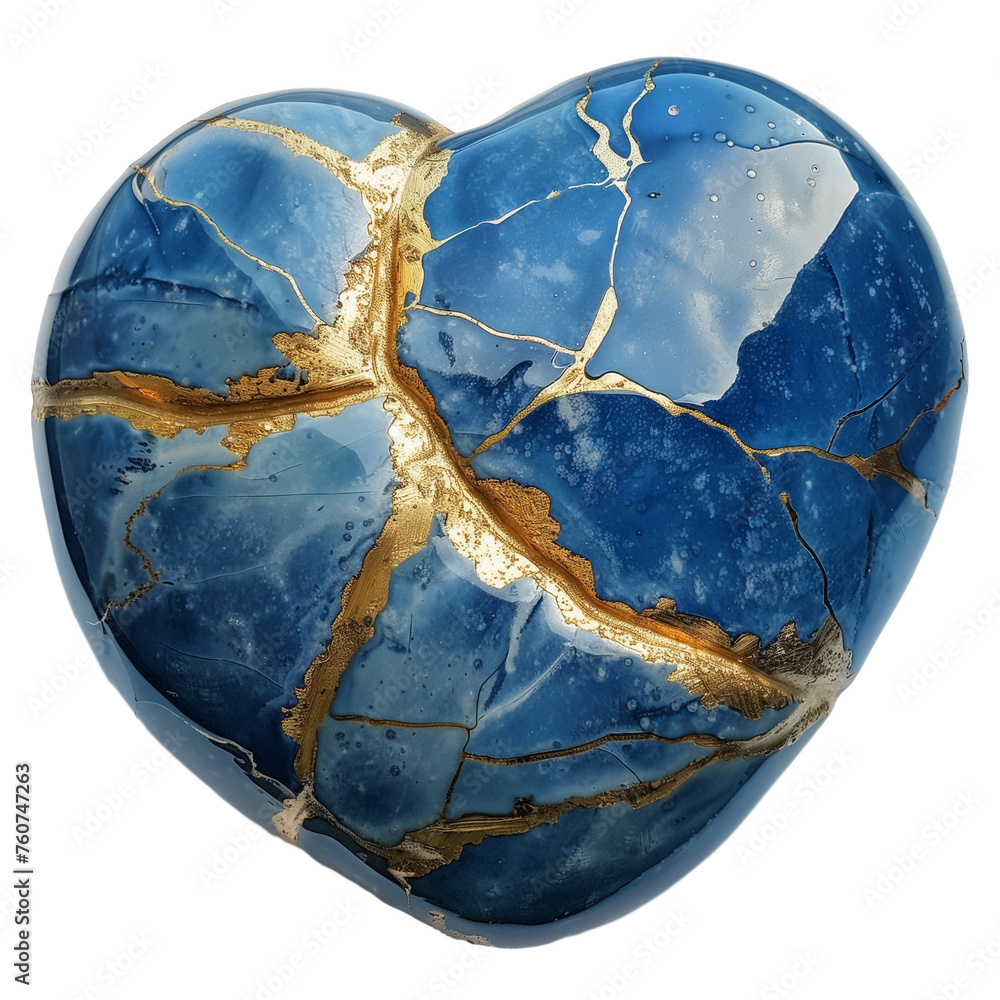 Lapis lazuli stone heart, restored with gold by kintsugi Japanese ...