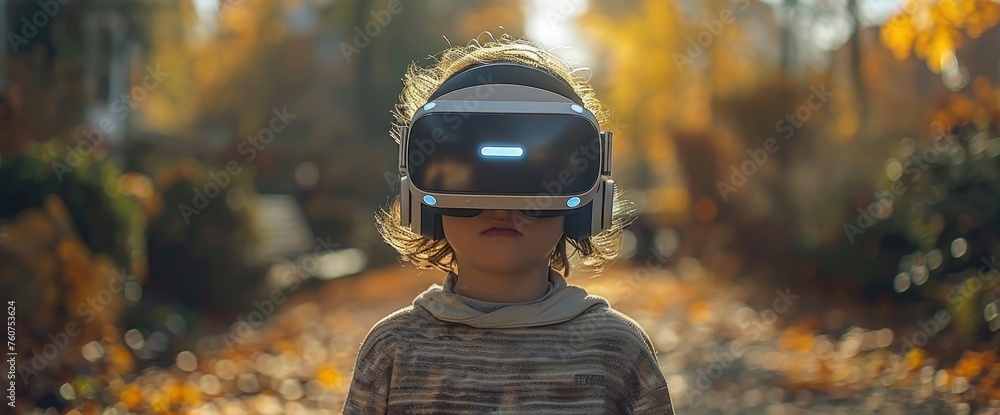 A child wearing a virtual reality headset, fully immersed in a digital ...