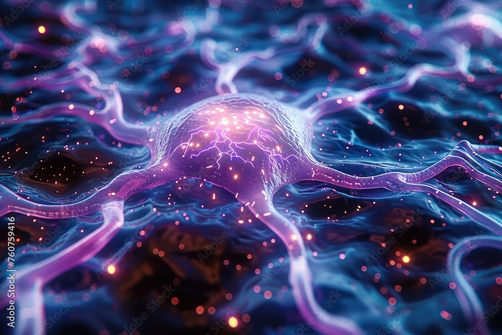 Nerves of a human let lit up purple and blue against a black background ...