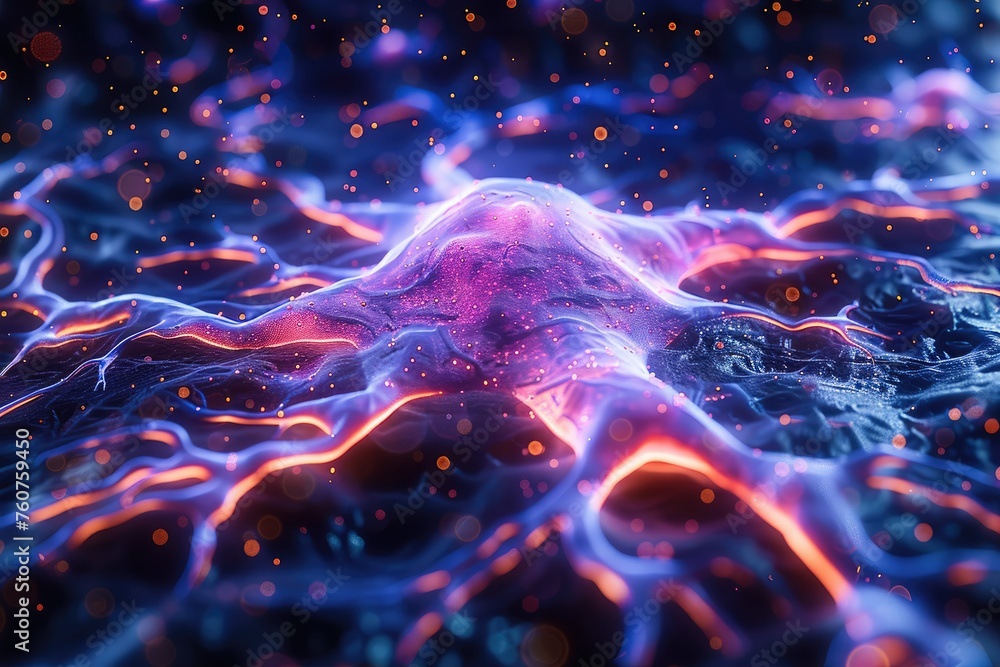Nerves of a human let lit up purple and blue against a black background ...