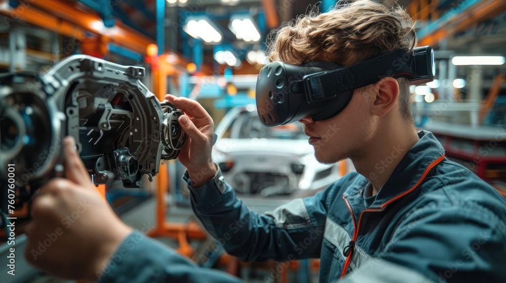 Industrial automotive production and an engineer using VR glasses to ...