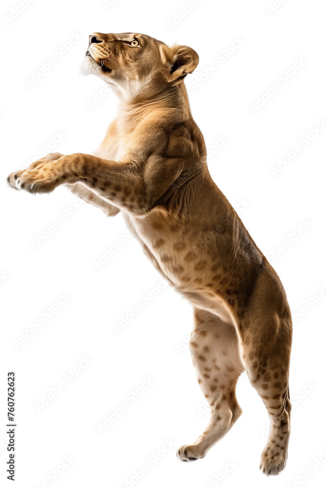 Lioness standing on back legs isolated on white or transparent ...