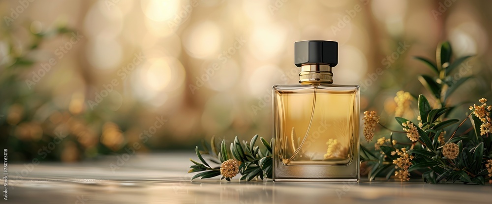 a masculine square and round shaped fragrance bottle for men, with gold ...