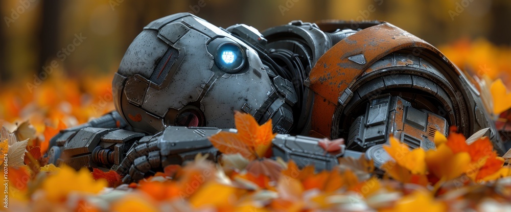 a photo of a dying android being swallowed by the nature around it ...