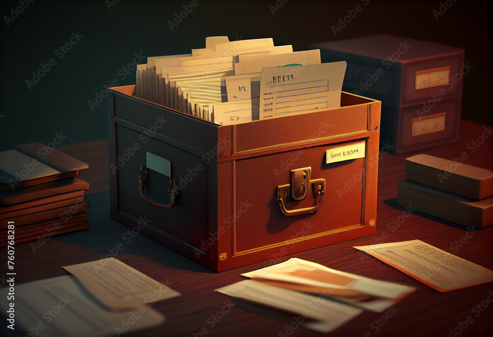File cabinet. Box with old paper cards, archive, inventory concept ...