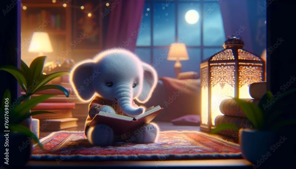 Cute Baby Elephant Reading Book. Cartoon Elephant Sitting on the Floor ...