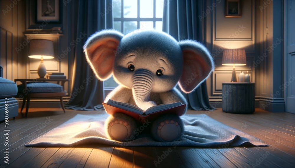 Cute Baby Elephant Reading Book. Cartoon Elephant Sitting on the Floor ...
