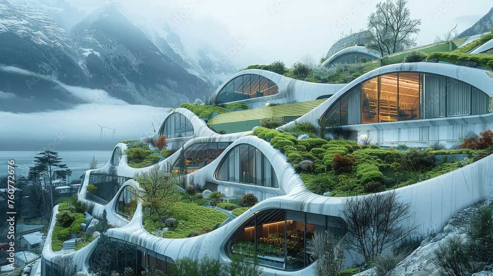 Cliffside with the organic architecture with Angular gabled roofs and ...