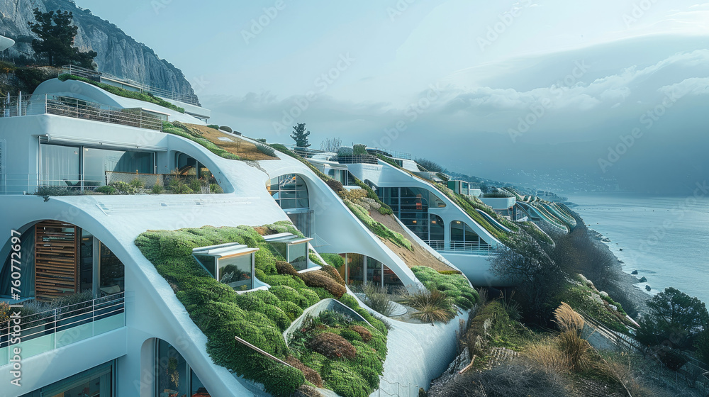 Cliffside with the organic architecture with Angular gabled roofs and ...