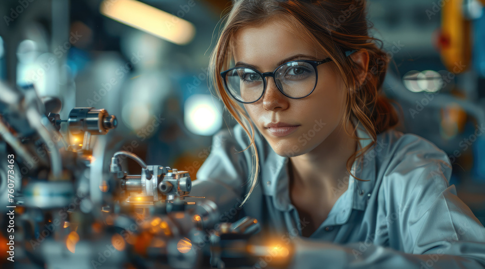 Female mechanical engineer with glasses, using advanced tools to ...